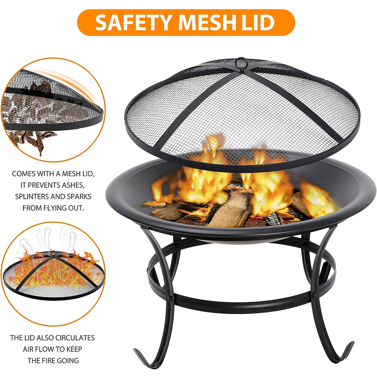 22" Steel Outdoor Wood Burning Fire Pit Bowl with Round Mesh Spark Scr ...